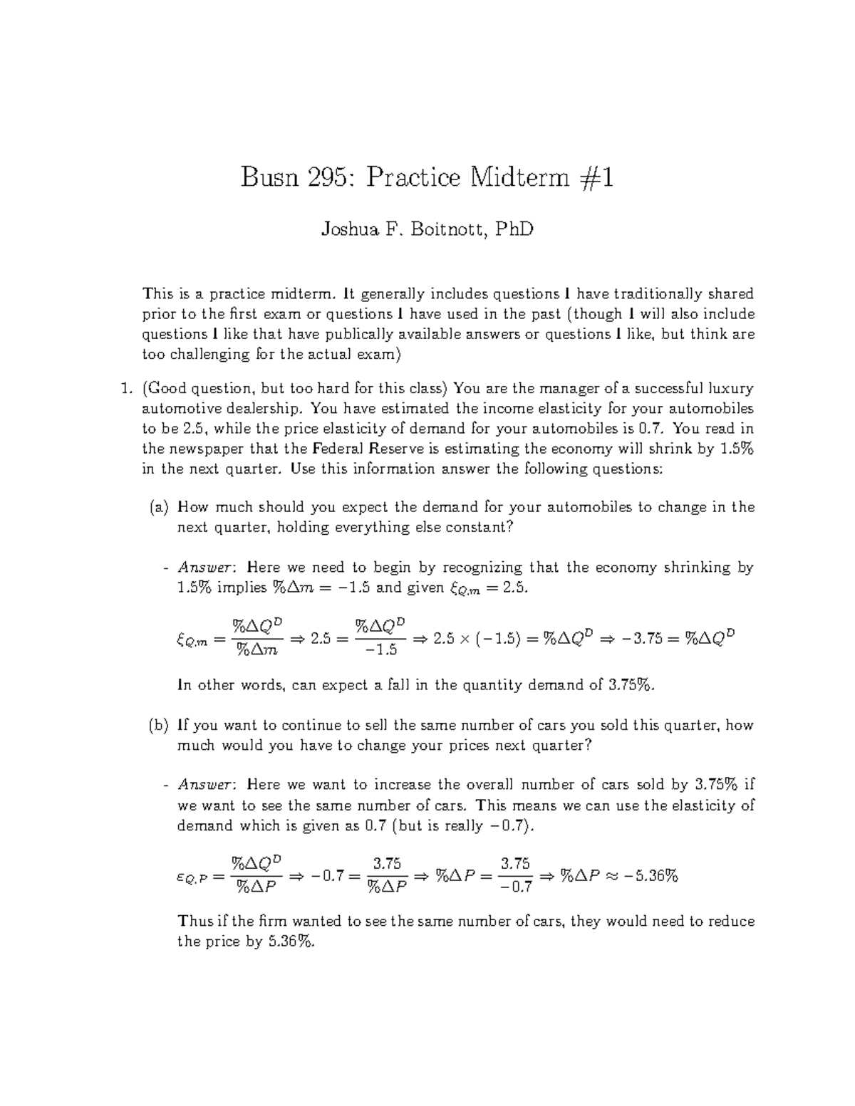 Busn295 MT1 P1 W2024 SA - Practice midterm for managerial econ - Busn ...