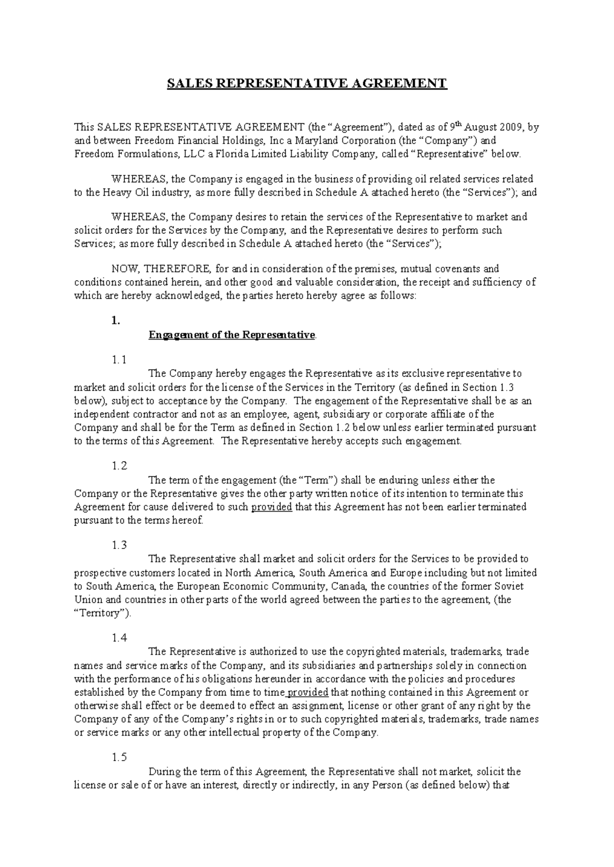 Sales Representative Agreement - SALES REPRESENTATIVE AGREEMENT This ...