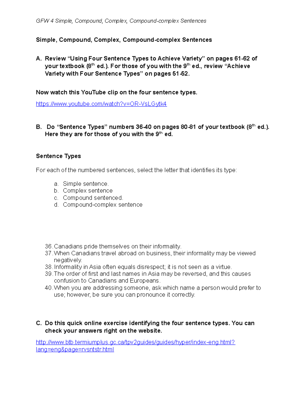 GFW 4 -Simple, Compound, Complex, Compound-complex Sentences - GFW 4 ...