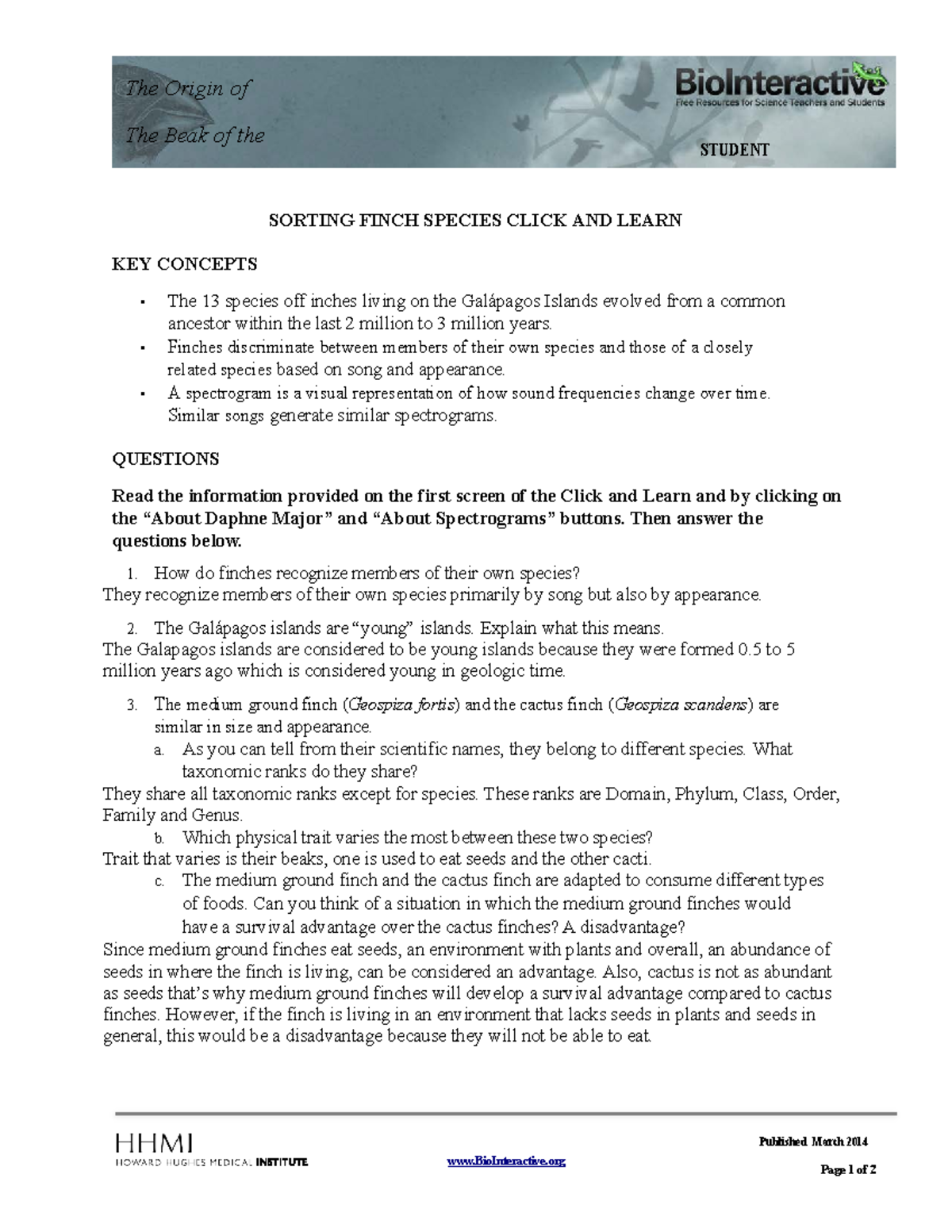 Origin of Species Beak of the Finch Study - Studocu