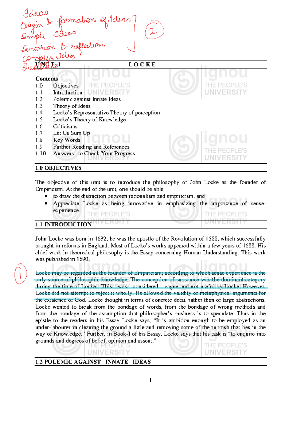 Locke ideas and qualities 221214 090225 - U N I T- 1 L O C K E Contents ...