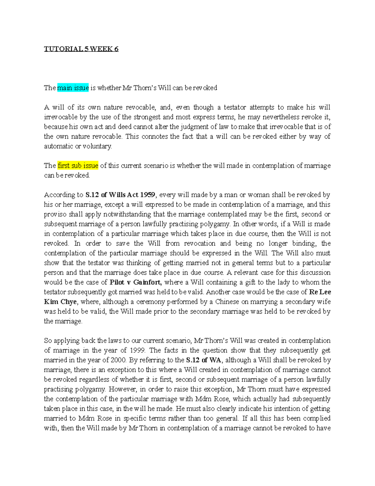 Tutorial 9 Week 10 - TUTORIAL 5 WEEK 6 The main issue is whether Mr ...