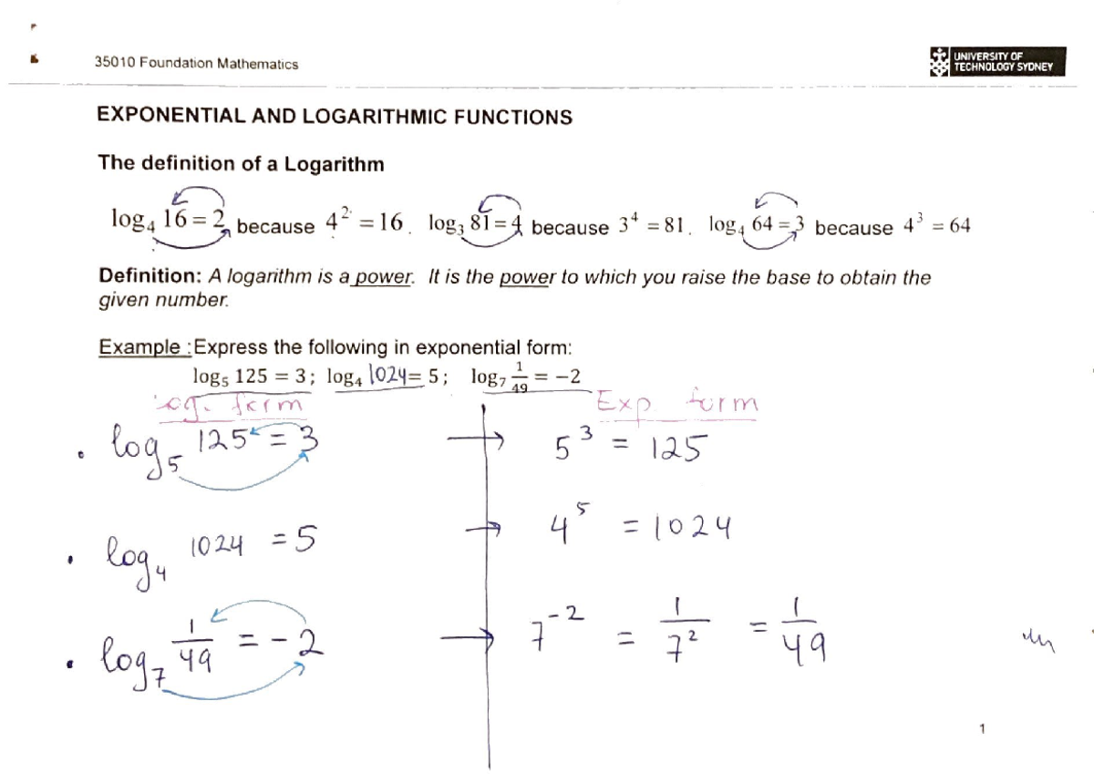 The annotated notes from week 5 , cover the topic of logarithms and ...