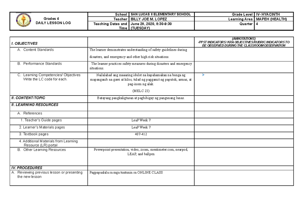 BJ CO 2 Health 4 - This is a sample lesson plan for teachers. - Grades ...