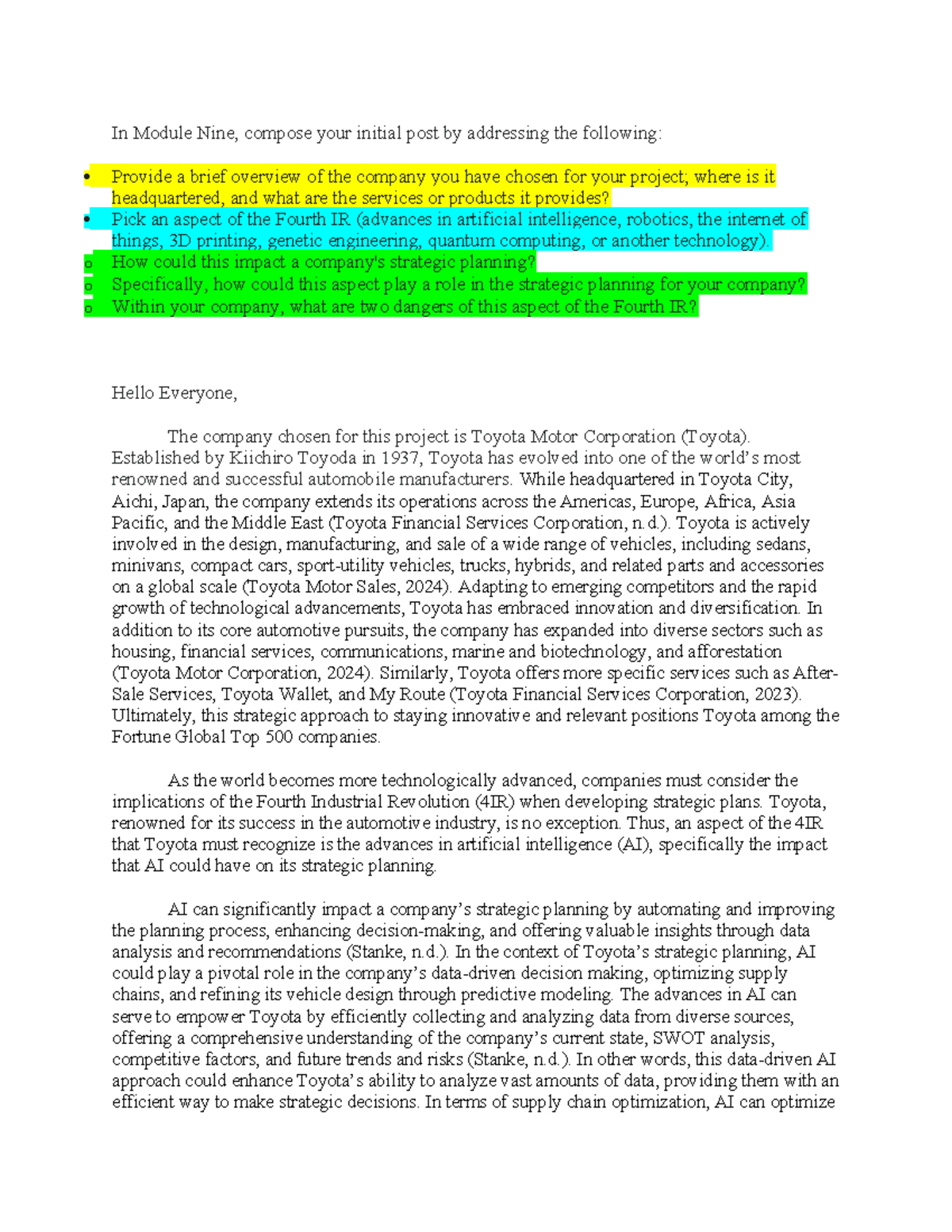 Module Nine - Initial Discussion - The Fourth Industrial Revolution - In Module Nine, compose ...