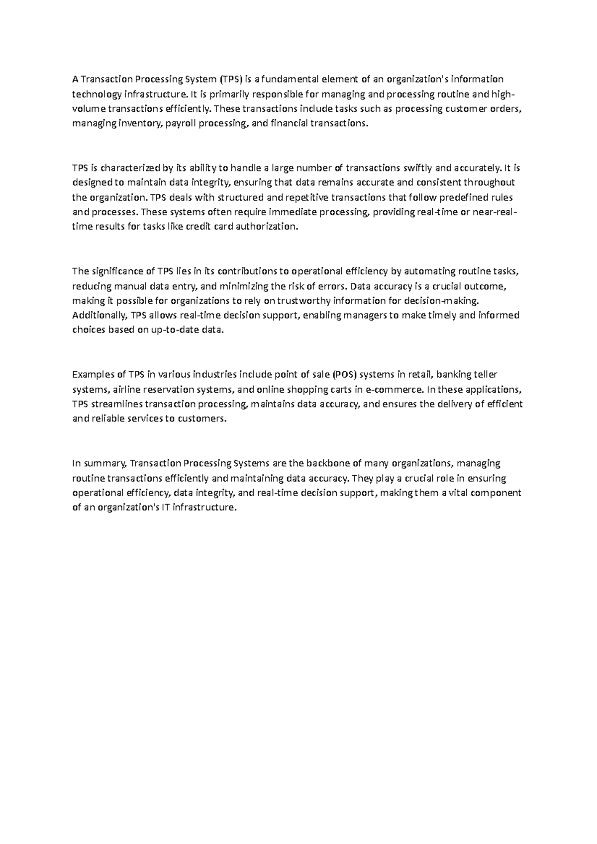 Lecture notes 4 - A Transaction Processing System (TPS) is a ...