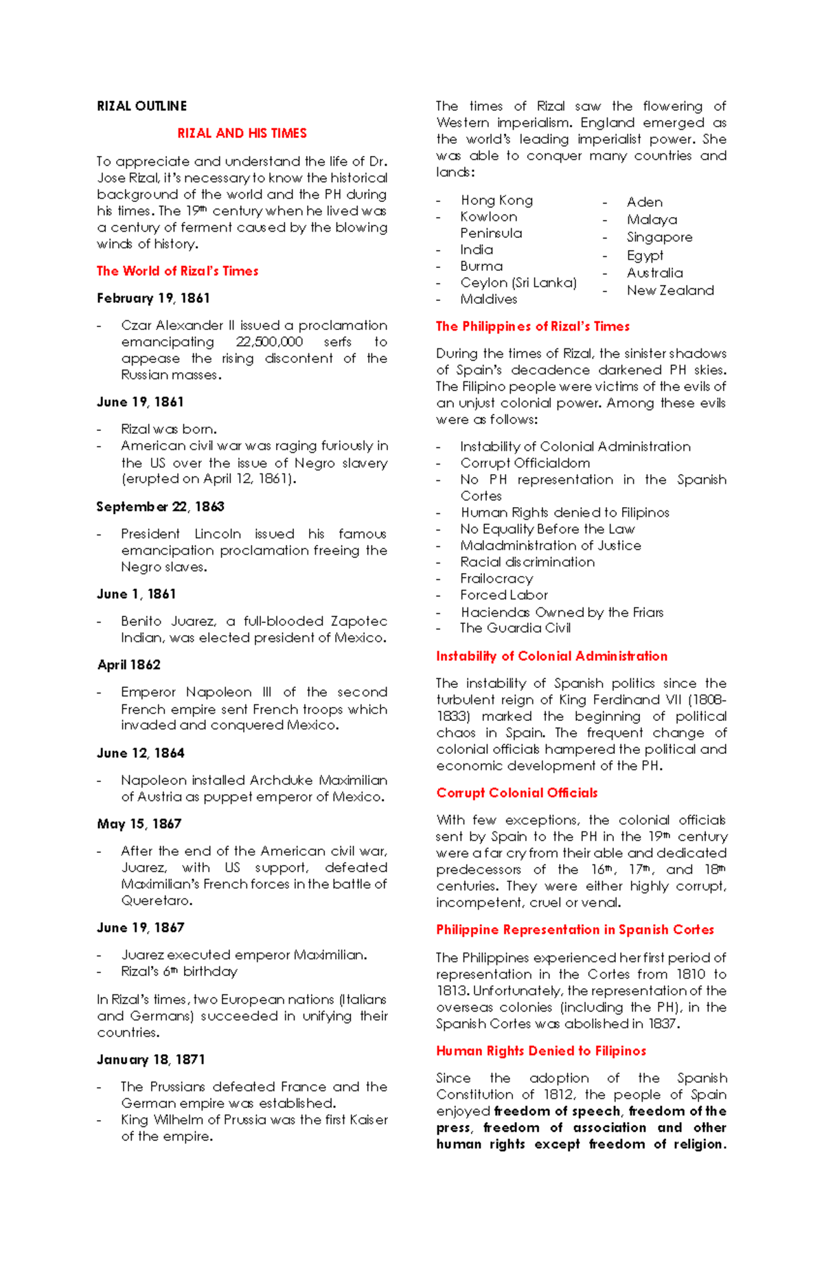 Rizal Outline - Summarize - RIZAL OUTLINE RIZAL AND HIS TIMES To ...