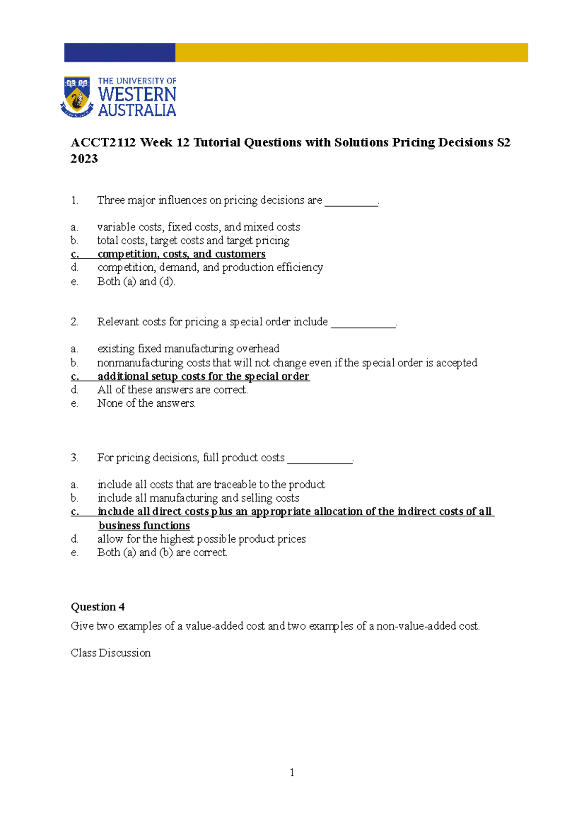 12a ACCT2112 Week 12 Tute Q & S Pricing Decisions S2 2023 - ACCT2112 Week 12 Tutorial Questions ...