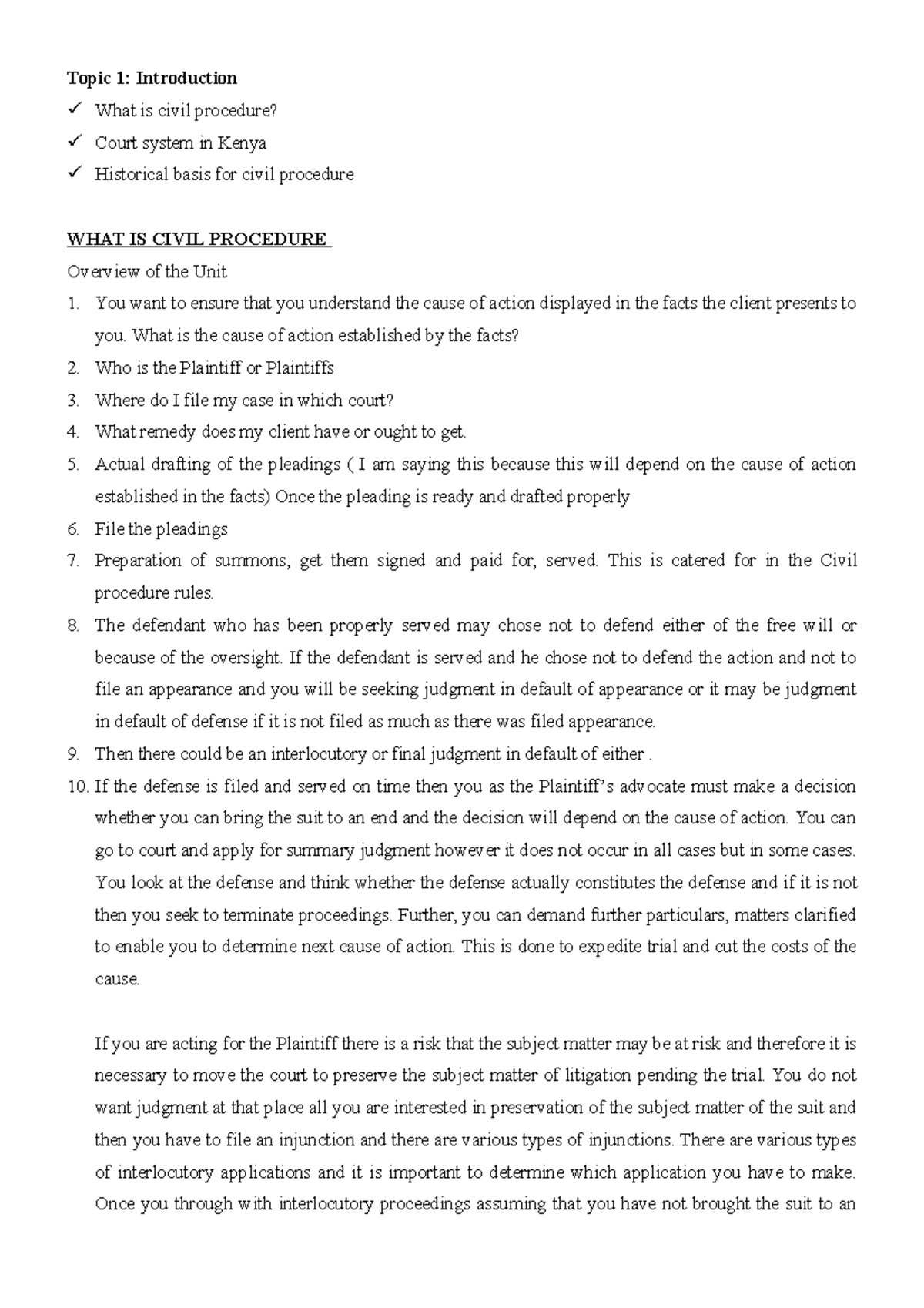 Civil Procedure Notes 1- 20 - Topic 1: Introduction What is civil ...