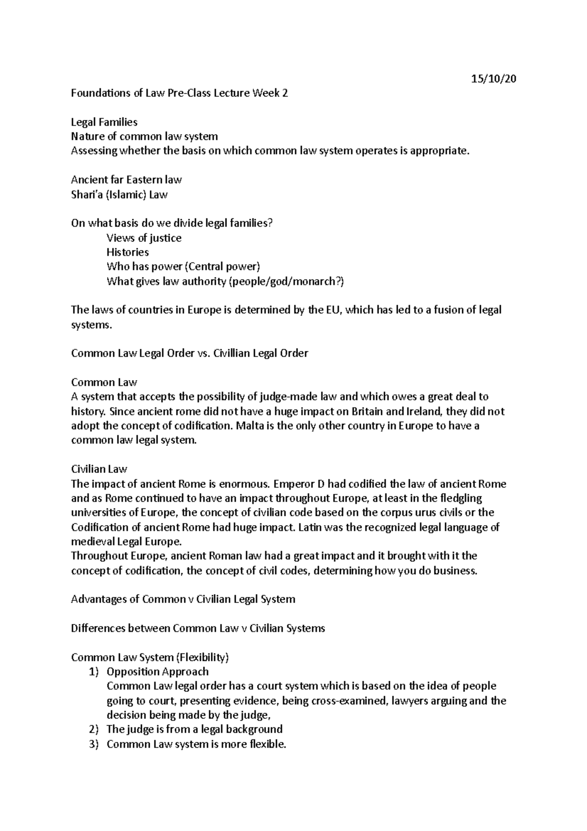 Fo L Notes - 15/10/ Foundations of Law Pre-Class Lecture Week 2 Legal ...