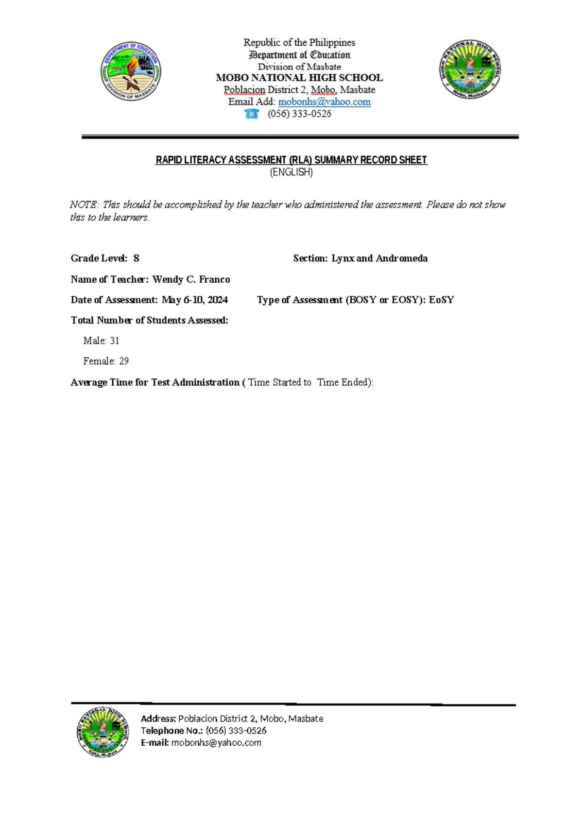 RLA summary record pretest - RAPID LITERACY ASSESSMENT (RLA) SUMMARY ...