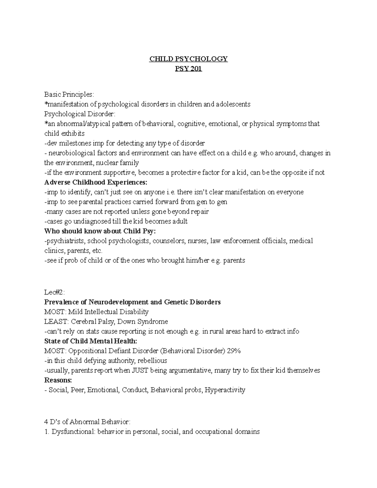 Child Psyology psy 201 full course class notes - CHILD PSYCHOLOGY PSY ...