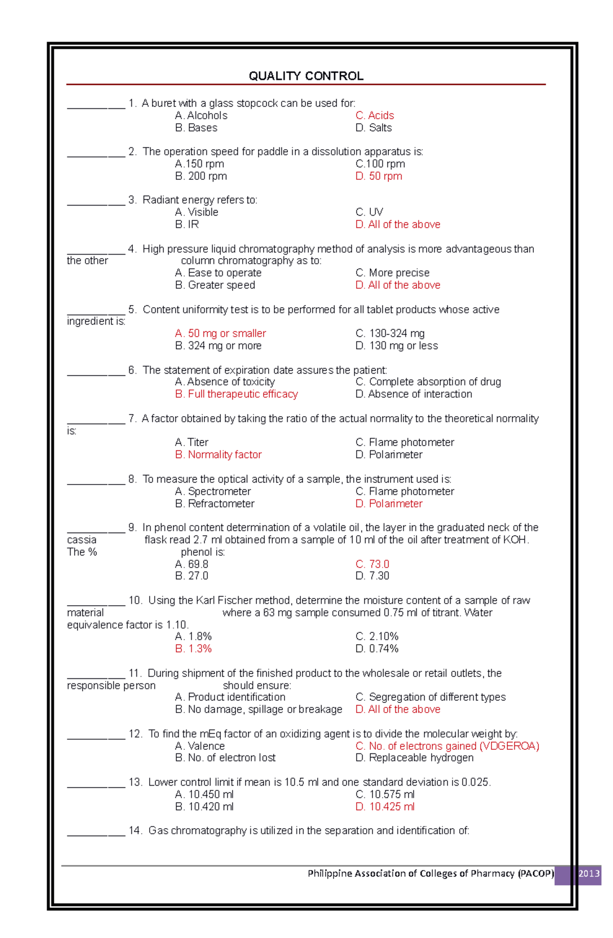 QC (BLUE Pacop) ( Answer KEY) - __________ 1. A buret with a glass ...