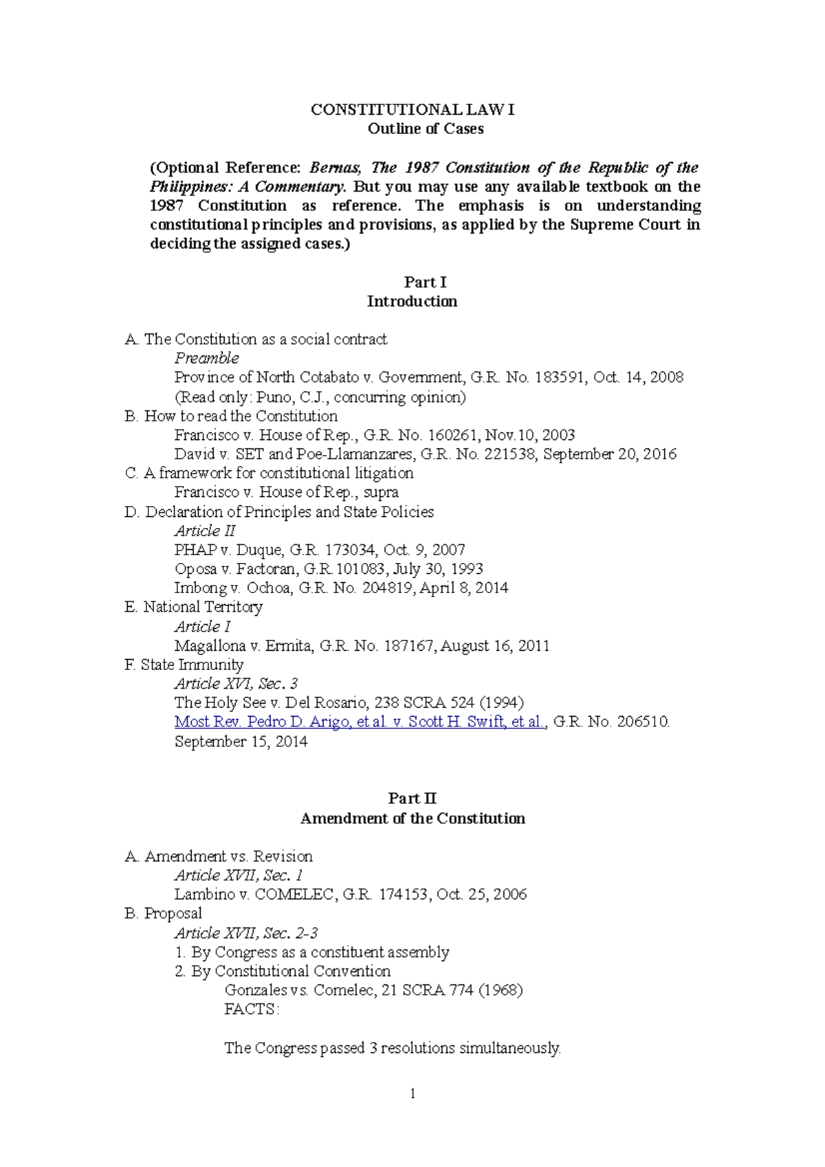 Const 1 outline rev 2023 - CONSTITUTIONAL LAW I Outline of Cases ...