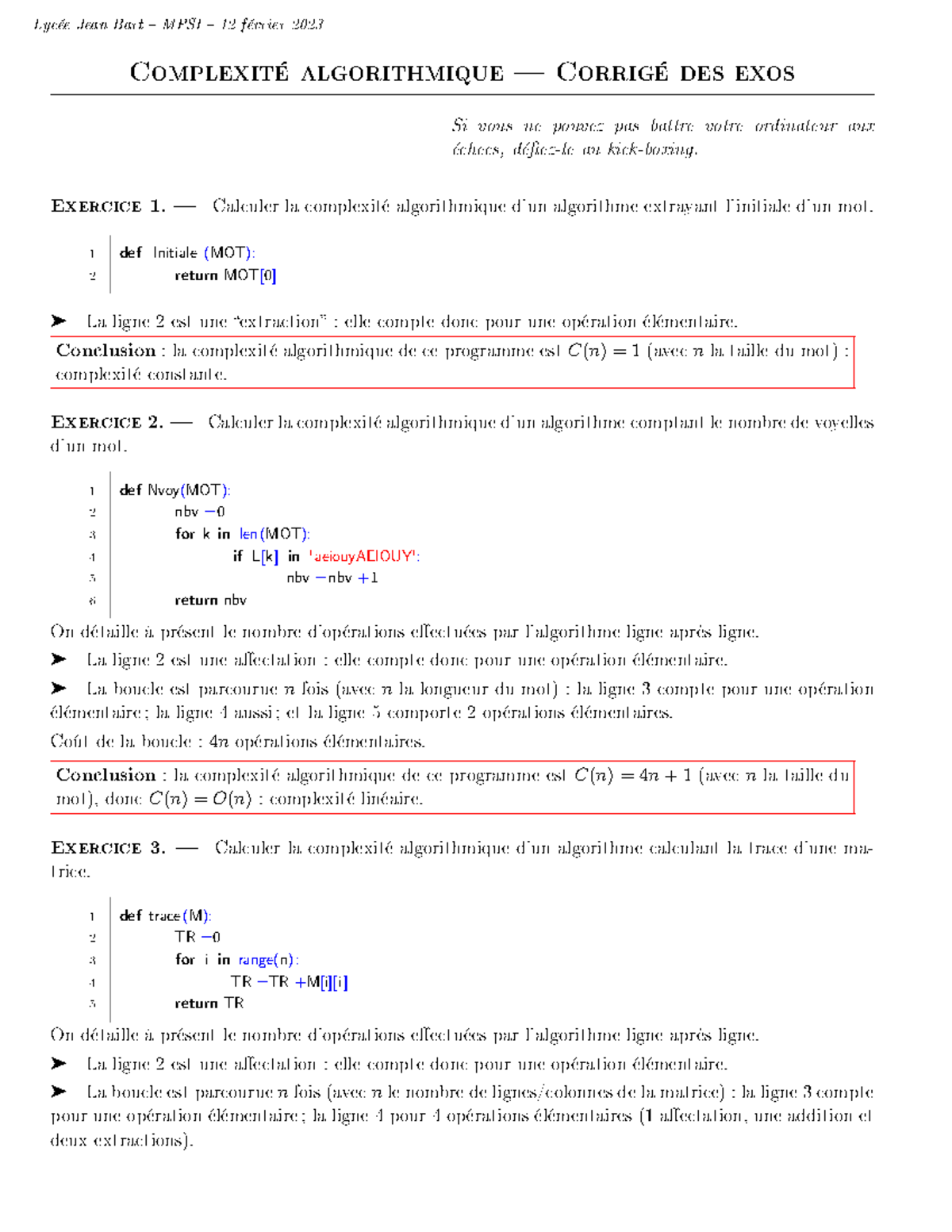 Cours Exos Complexité 2023 CORR - Lycée Jean Bart MPSI 12 février 2023 Complexité algorithmique ...