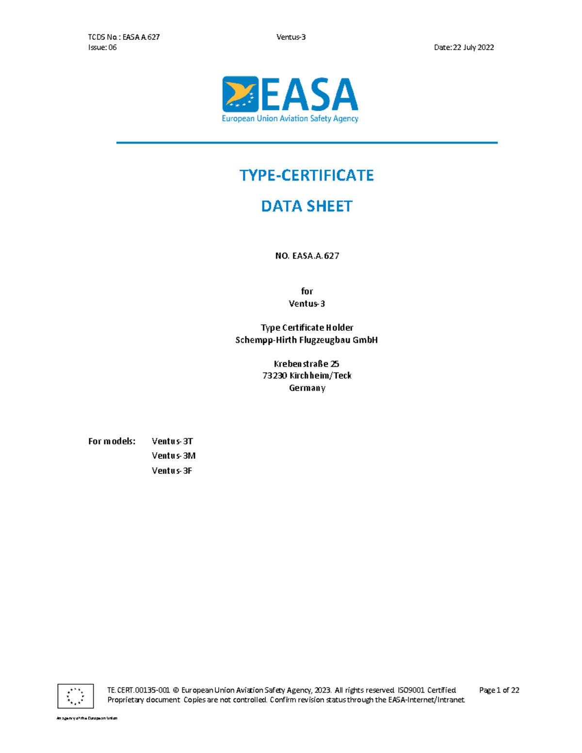 TCDS EASA - Issue: 06 Date: 22 July 2022 TE.CERT‐ 001 © European Union ...