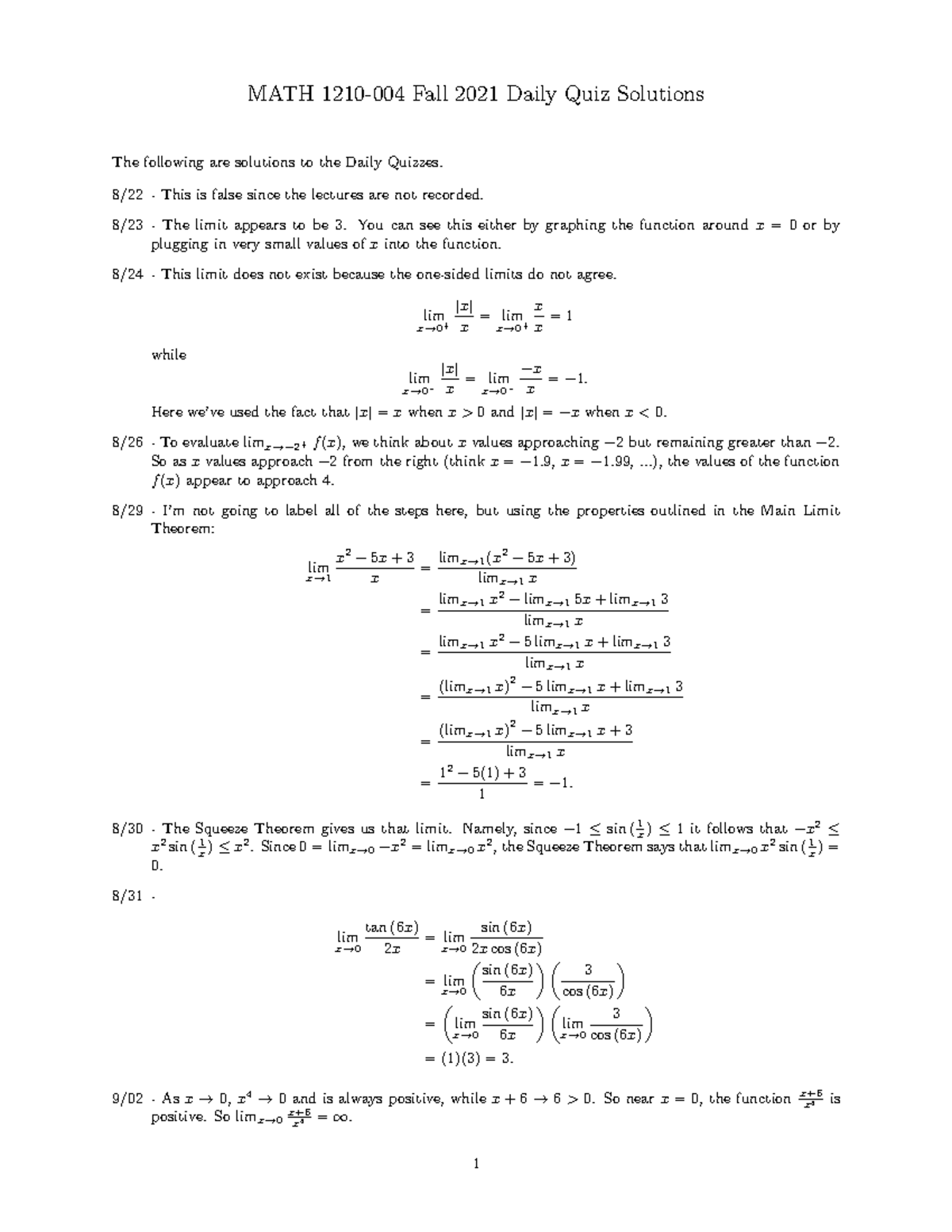 1210 daily quiz solutions - MATH 1210-004 Fall 2021 Daily Quiz Solutions The following are ...