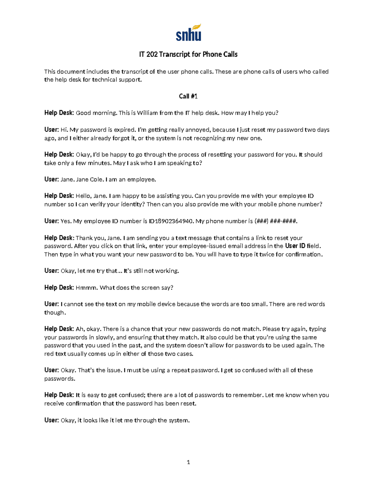 IT 202 Project Two Transcript for Phone Calls - Copy - Copy - Copy - IT 202 Transcript for Phone ...