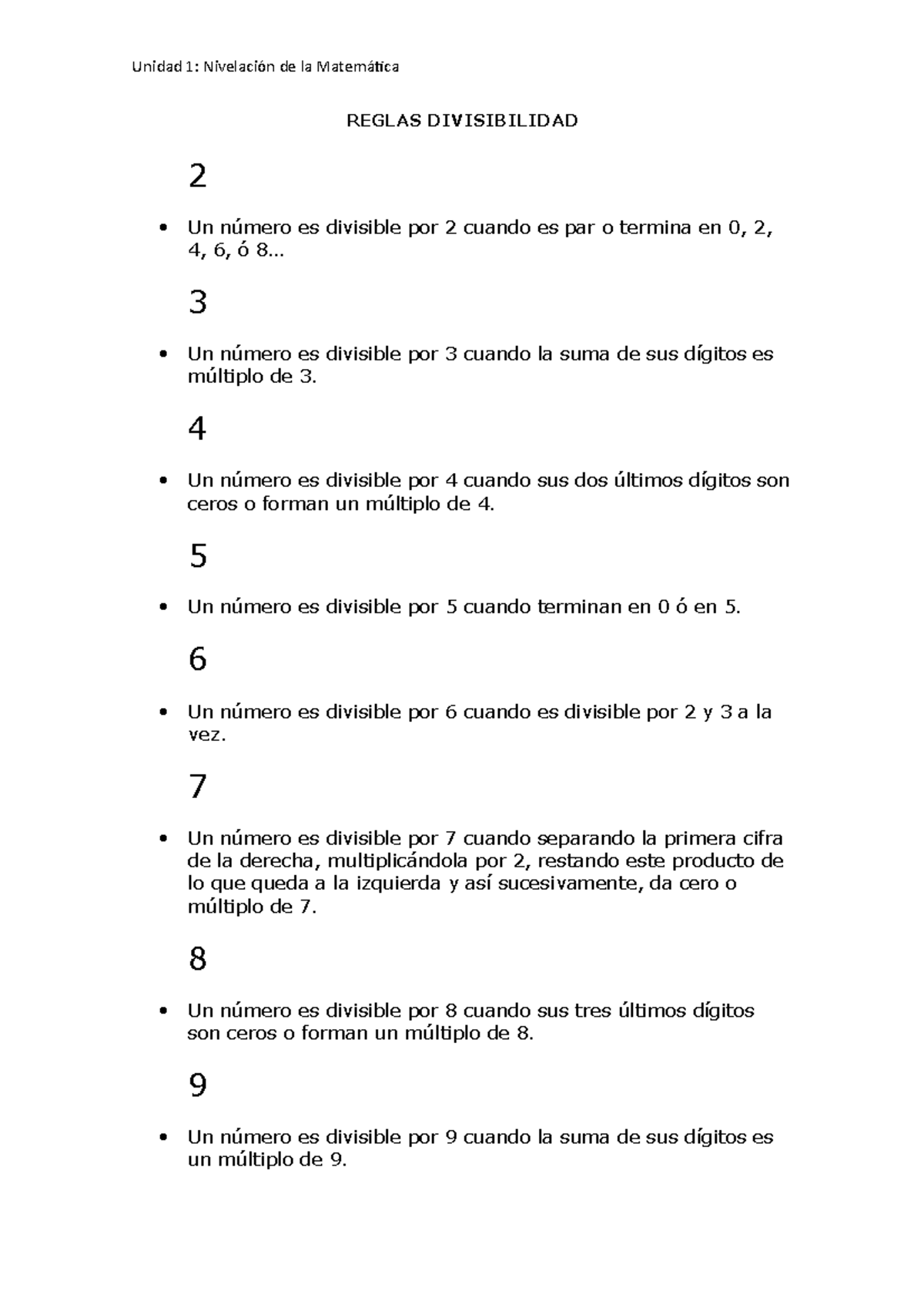Reglas Divisibilidad - matematicas - Unidad 1: Nivelación de la ...
