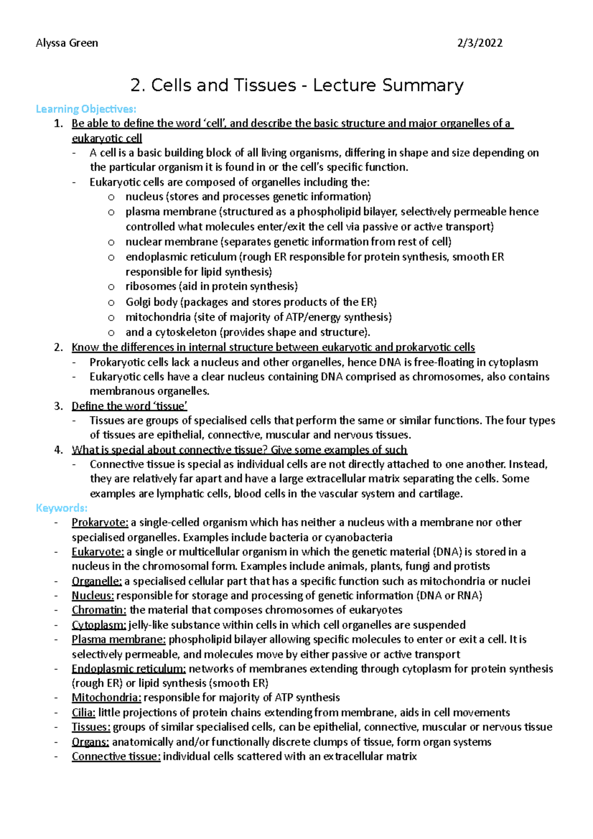 2. cells and tissues lecture summary - Alyssa Green 2/3/ 2. Cells and Tissues - Lecture Summary ...