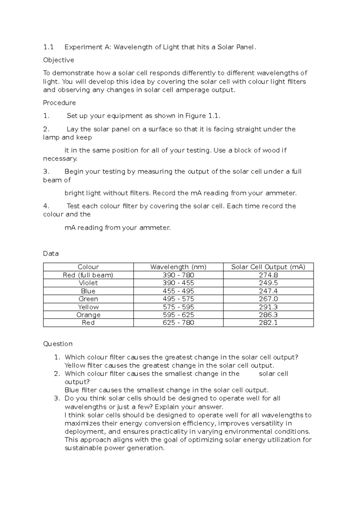 Lab report phy380 - 1 Experiment A: Wavelength of Light that hits a ...