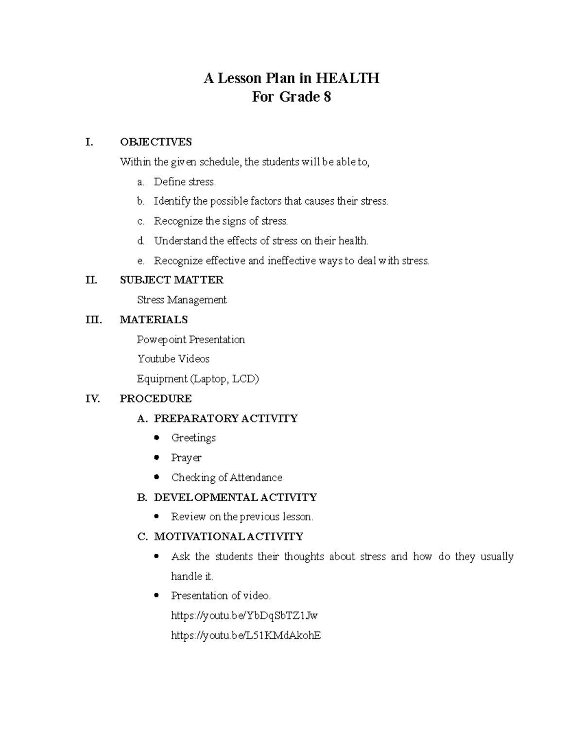 Lesson Plan in Health - A Lesson Plan in HEALTH For Grade 8 I ...