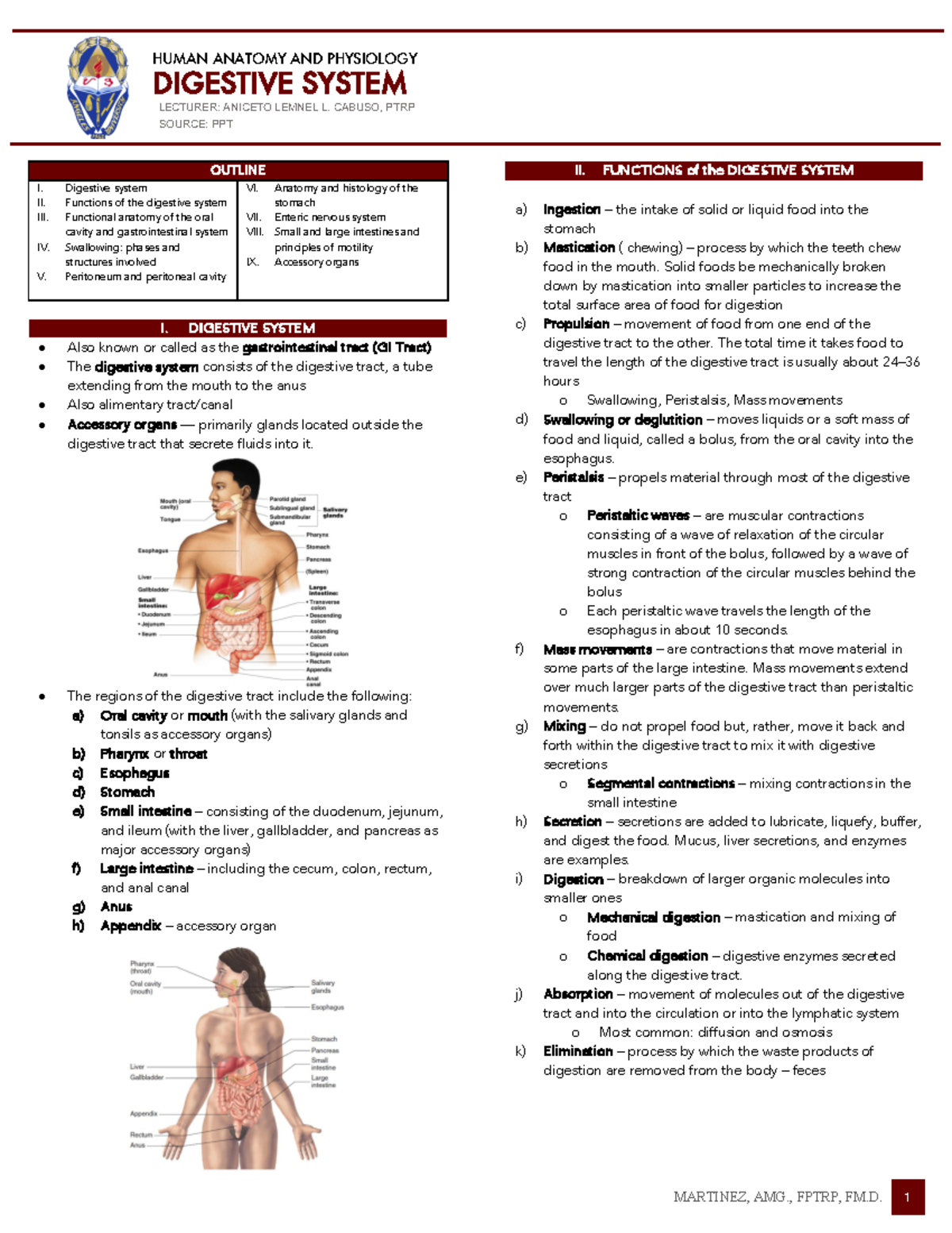 ANA2 - Module 8 - Digestive System - DIGESTIVE SYSTEM LECTURER: ANICETO ...