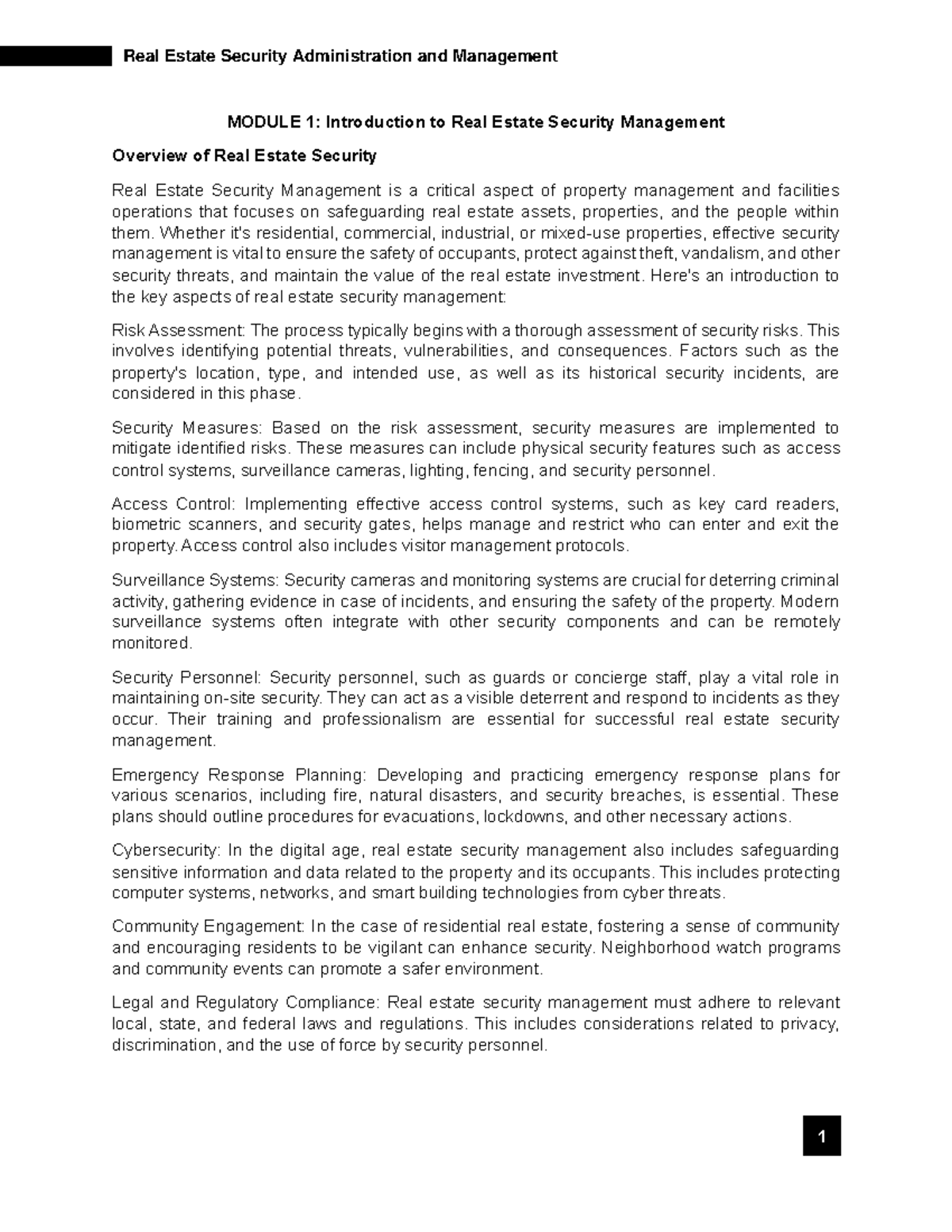 Module 1- Introduction to Real Estate Security Management - MODULE 1 ...