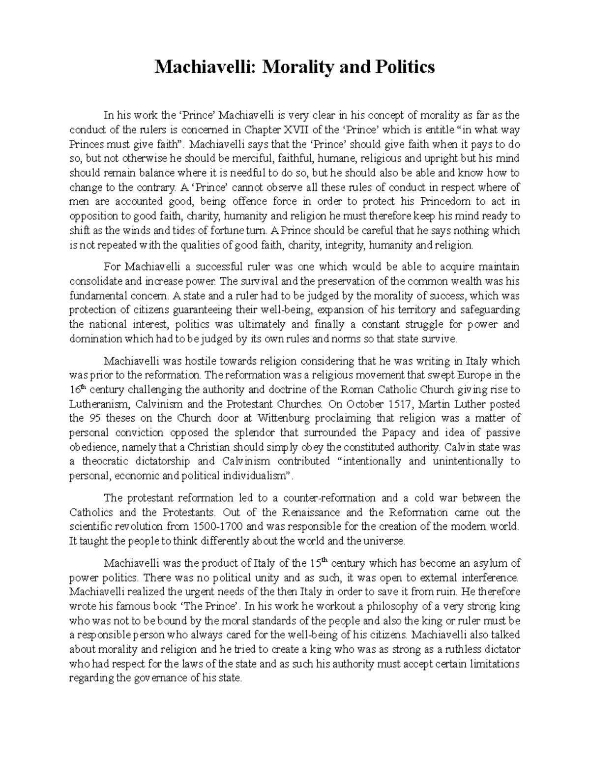 Machiavelli on Morality and Politics - Machiavelli: Morality and ...