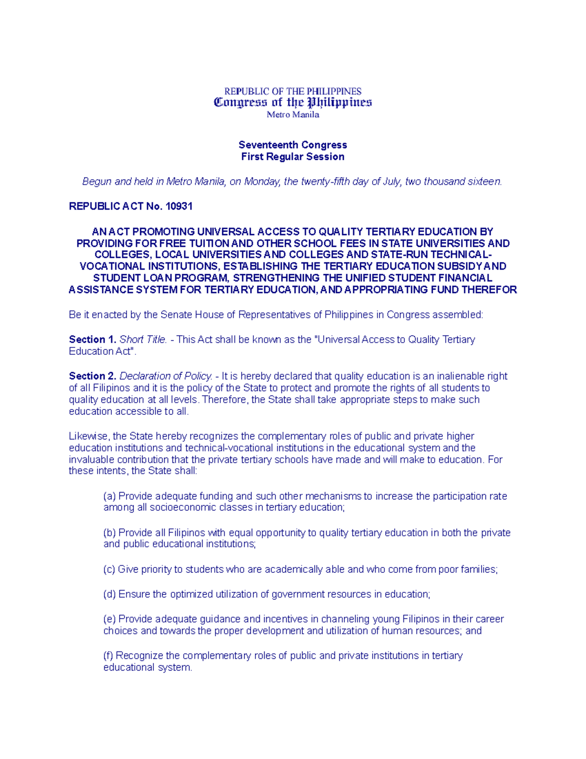 Republic ACT No. 10931 - Credits to the Rightful owners of this ...