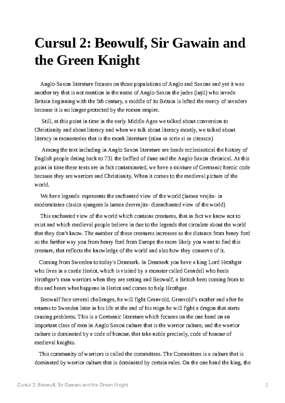 Curs 2 - Lecture notes - Cursul 2: Beowulf, Sir Gawain and the Green ...