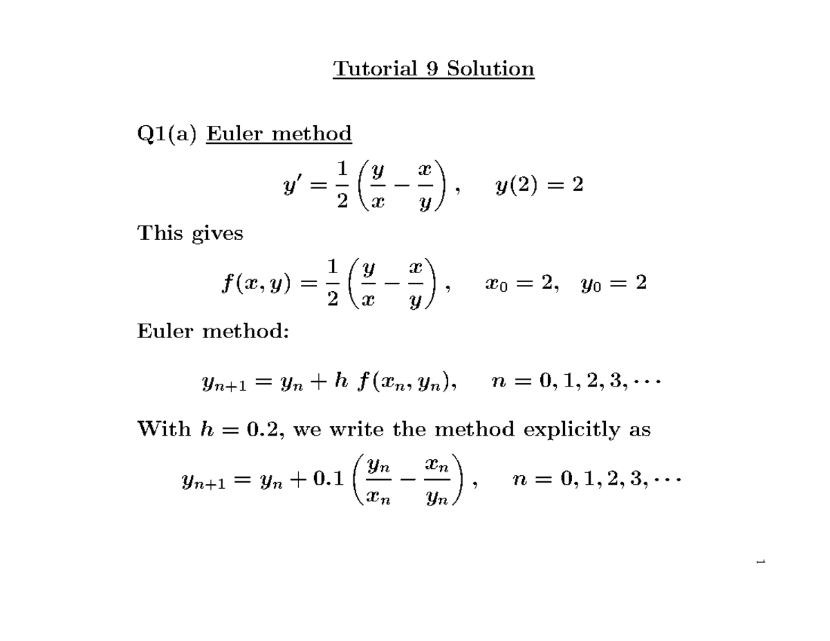 2106 Tutorial 9 Solution Tutorial 9 Solution Q1 a Euler Method Y