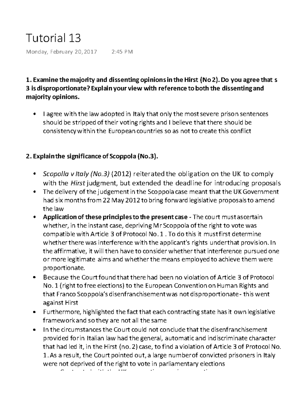 Public Law - Tutorial 13 - The Human Rights Act and Prisoner Voting - **1. Examine the majority ...