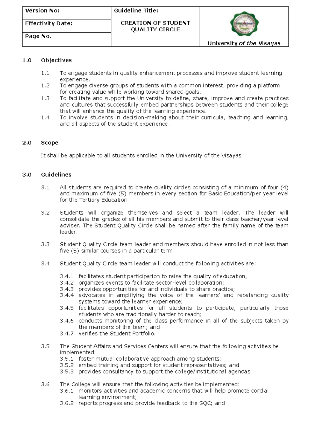 Revised Guidelines in Creation of Student Quality Circle - 1 Objectives ...