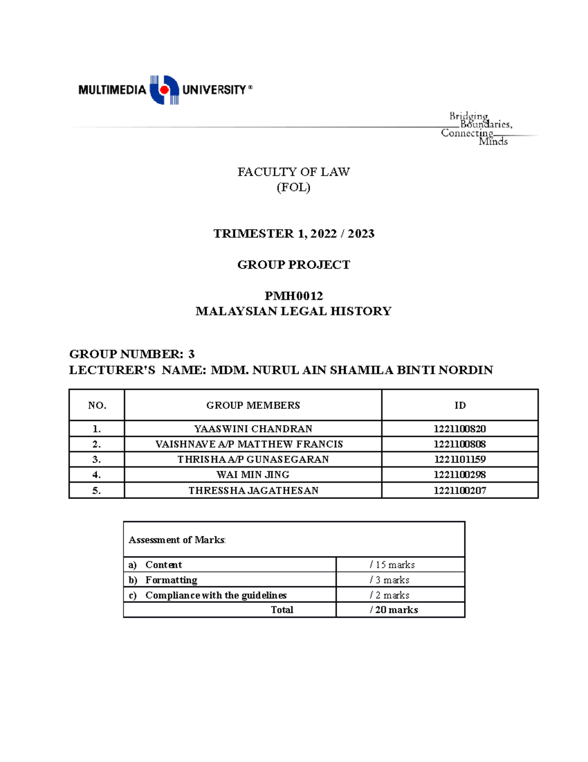 MLH Project G3 copy - Usefull - FACULTY OF LAW (FOL) TRIMESTER 1, 2022 / 2023 GROUP PROJECT PMH ...