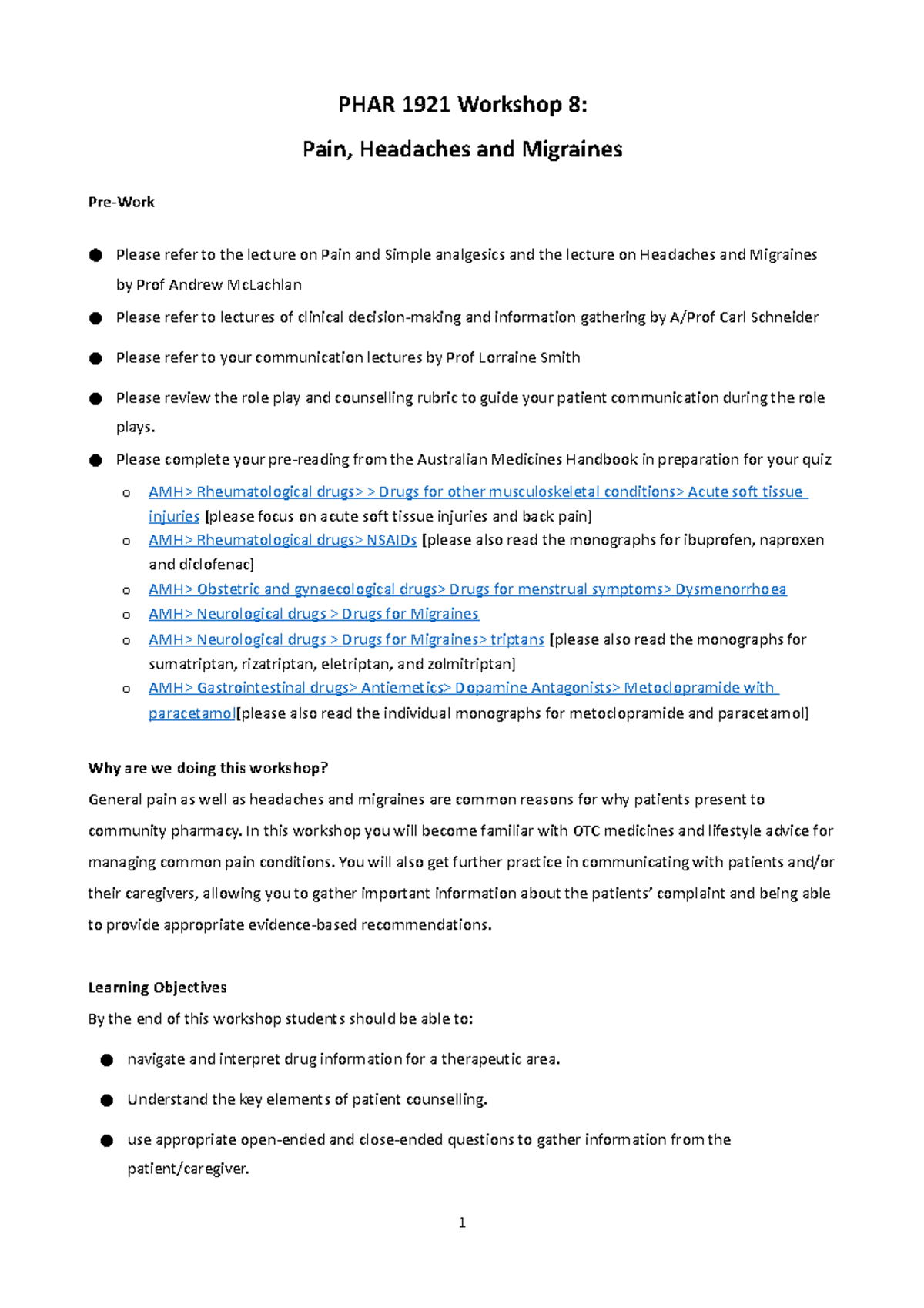 Week 10 Pain, Headaches and Migraines Student Handout - PHAR 1921 ...