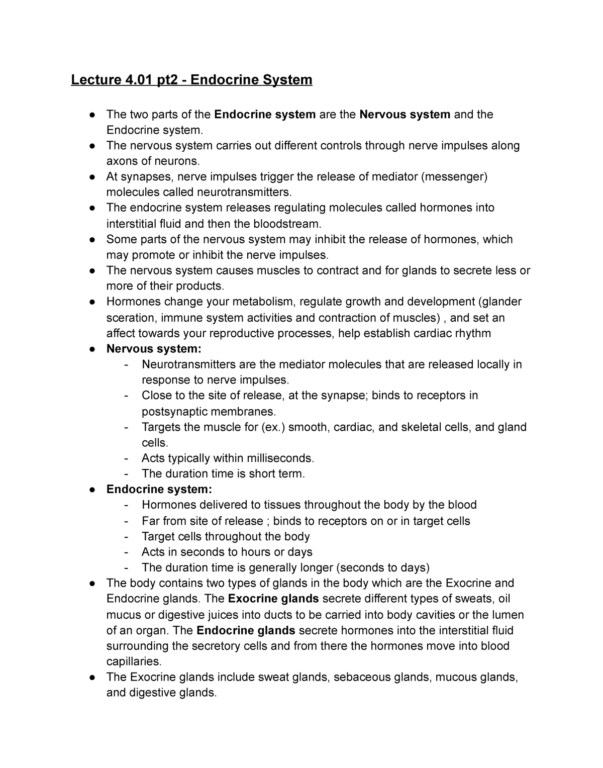 Endocrine System - Lecture notes 4 - Lecture 4 pt2 - Endocrine System ...