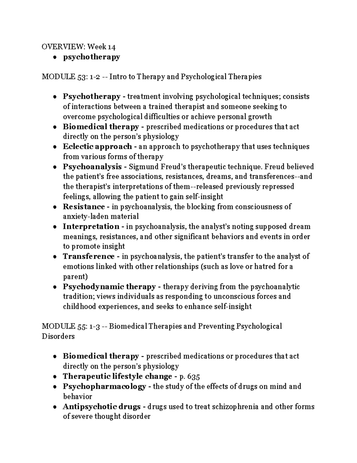 Week 14 (Modules 53, 54, 55) - OVERVIEW: Week 14 psychotherapy MODULE ...