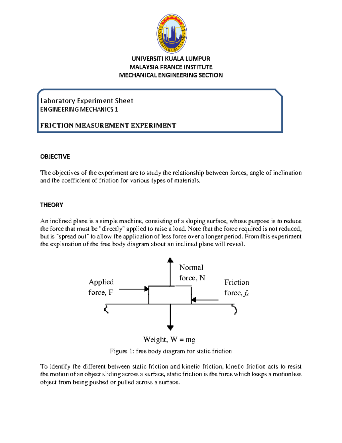Friction Measurement Experiment - UNIVERSITI KUALA LUMPUR MALAYSIA ...