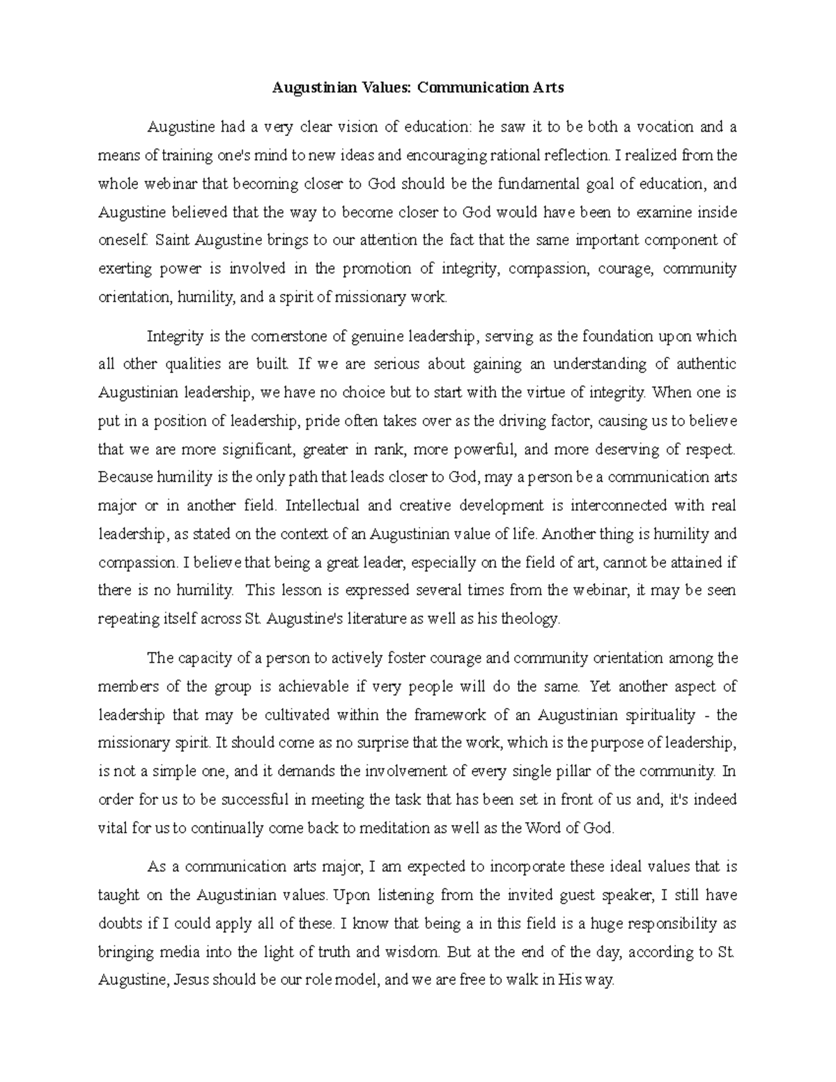Augustinian Values Kharren - Augustinian Values: Communication Arts ...