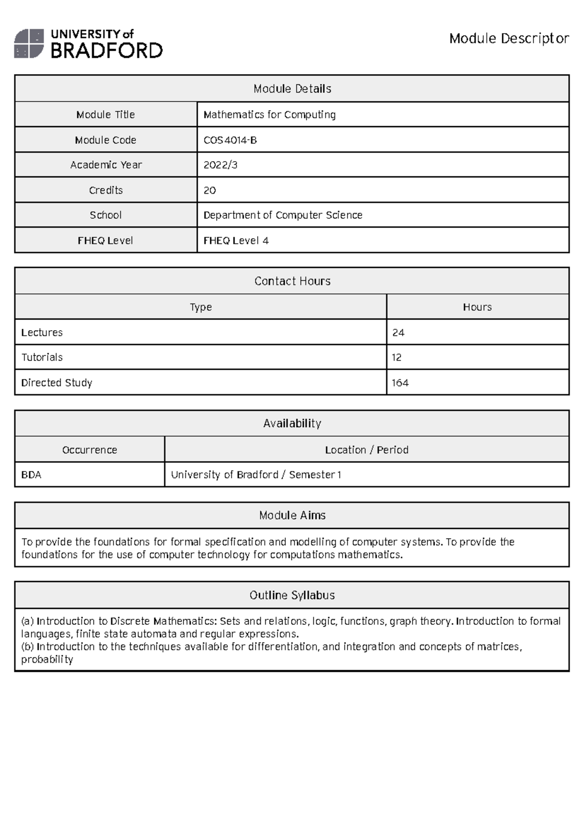 Syllabus - Module One - Module Descriptor Module Details Module Title ...