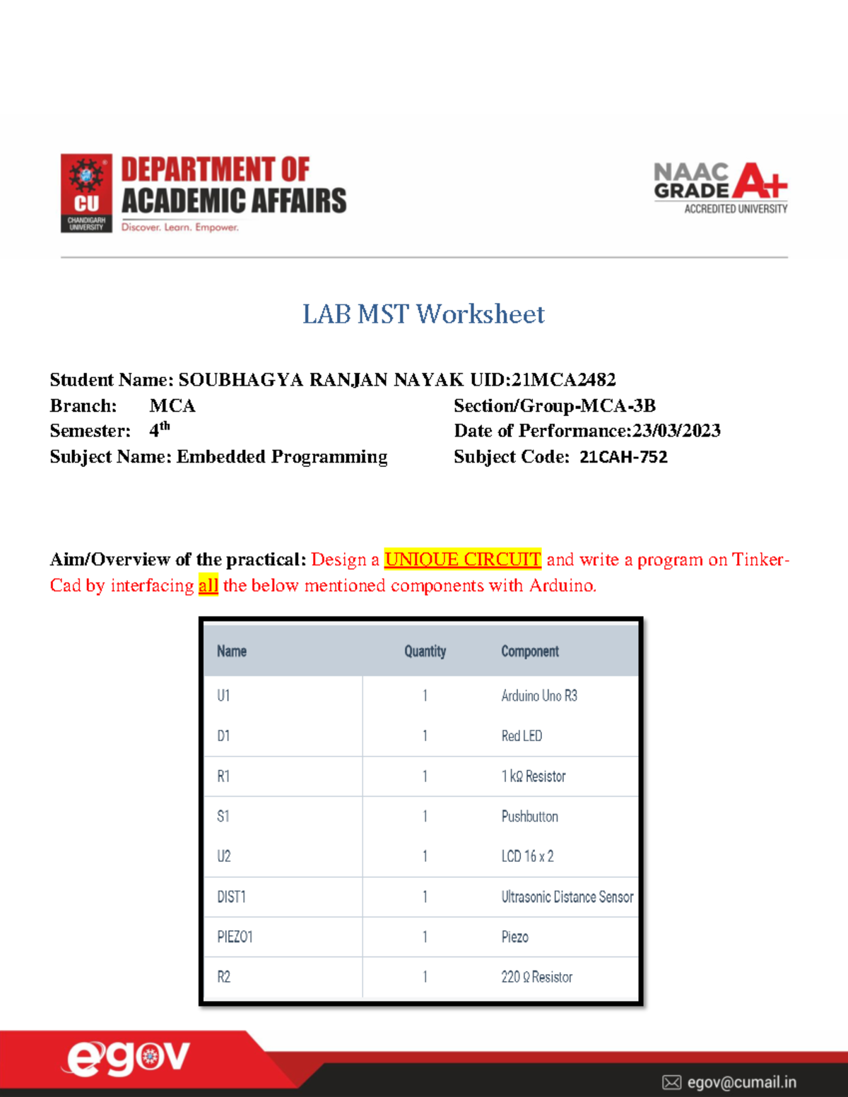 Lab mst ep soubhagya 21mca2482 - LAB MST Worksheet Student Name: SOUBHAGYA RANJAN NAYAK UID ...