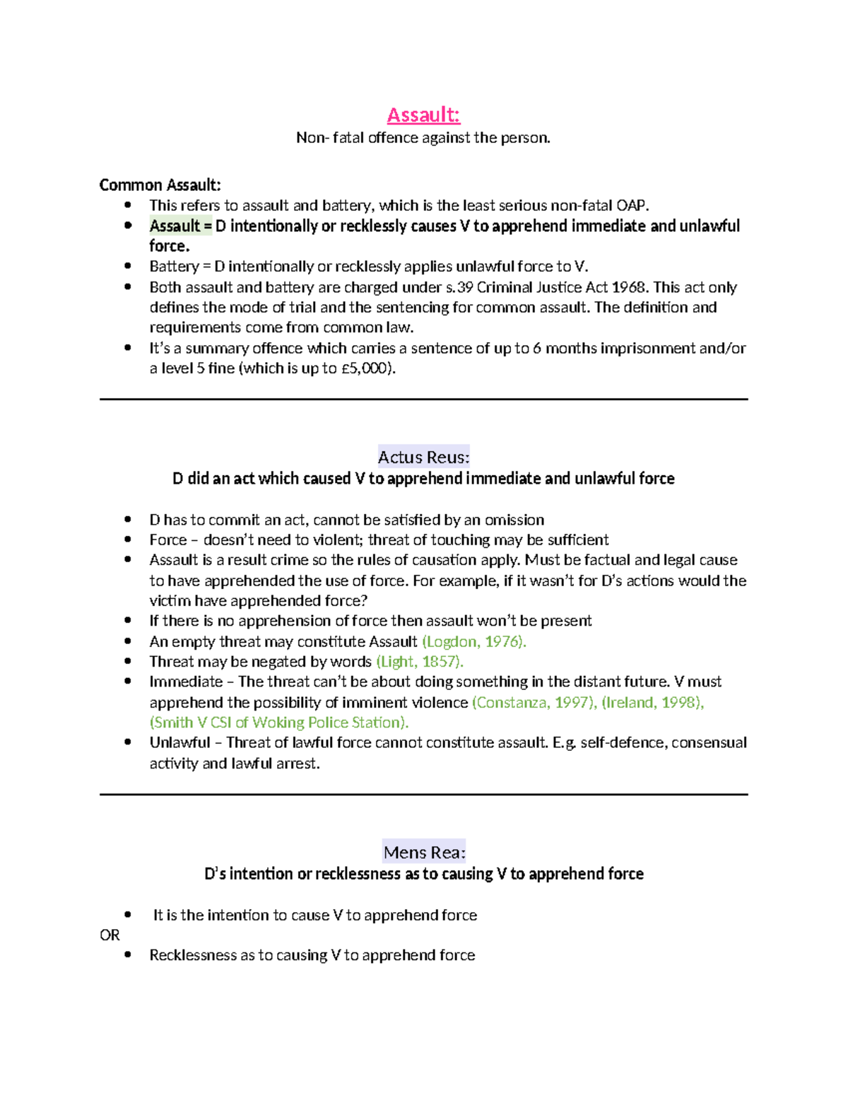 Assault - Assault: Non- fatal offence against the person. Common ...