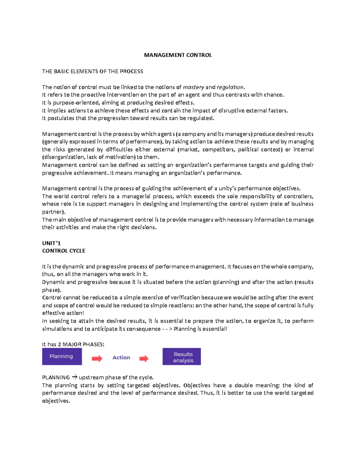 Notes - management control - MANAGEMENT CONTROL THE BASIC ELEMENTS OF ...
