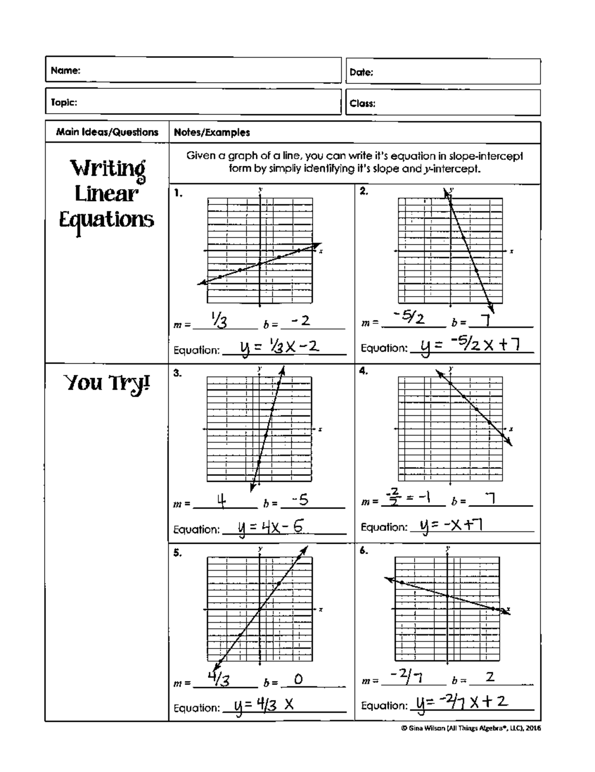 Writing linear equations using graph - Name: Date: Topic: Class: Main ...