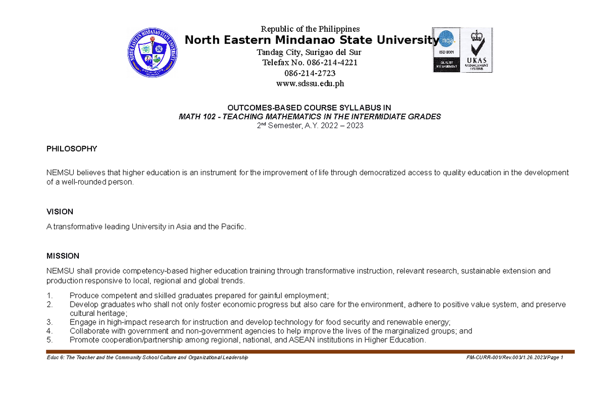 Teaching in the Intermediate Grades - Republic of the Philippines North Eastern Mindanao State ...