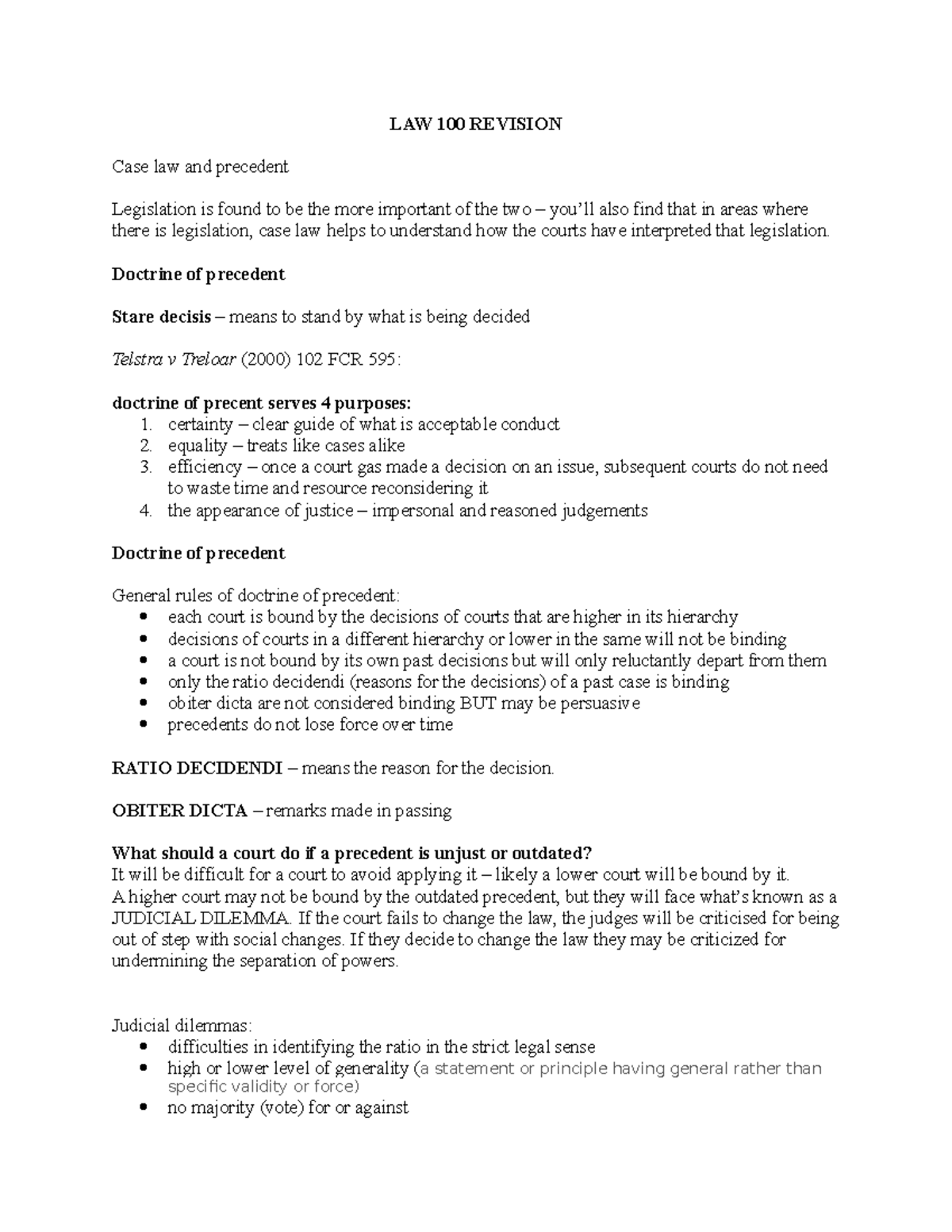 LAW 100 Revision notes - LAW 100 REVISION Case law and precedent ...