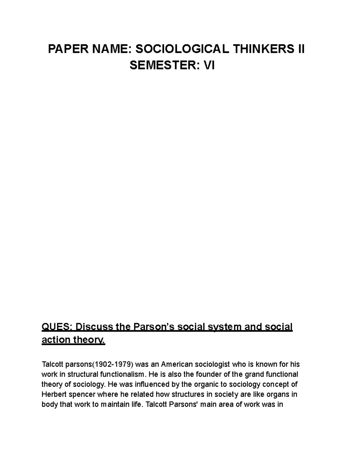 Talcott parsons - PAPER NAME: SOCIOLOGICAL THINKERS II SEMESTER: VI ...