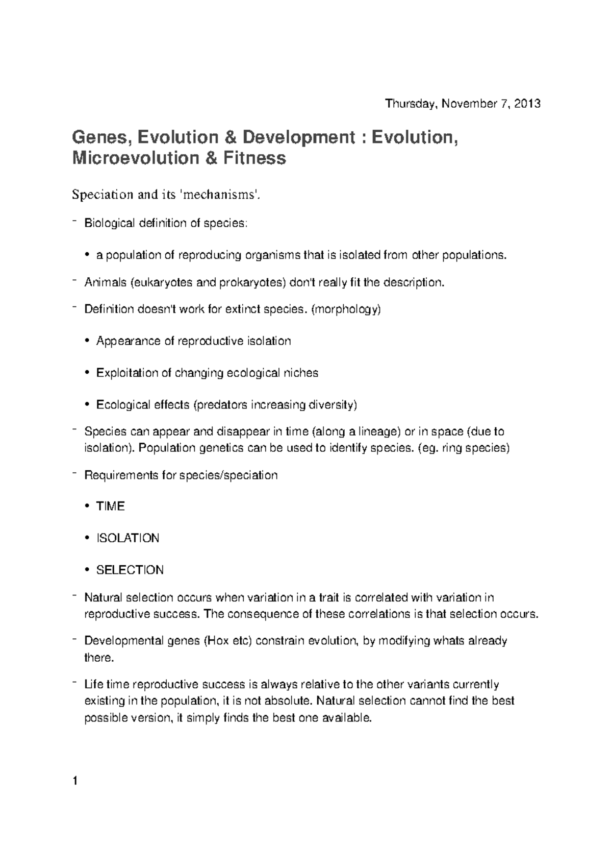 Lecture notes: Evolution, Micro Evolution & Fitness - Genes, Evolution ...