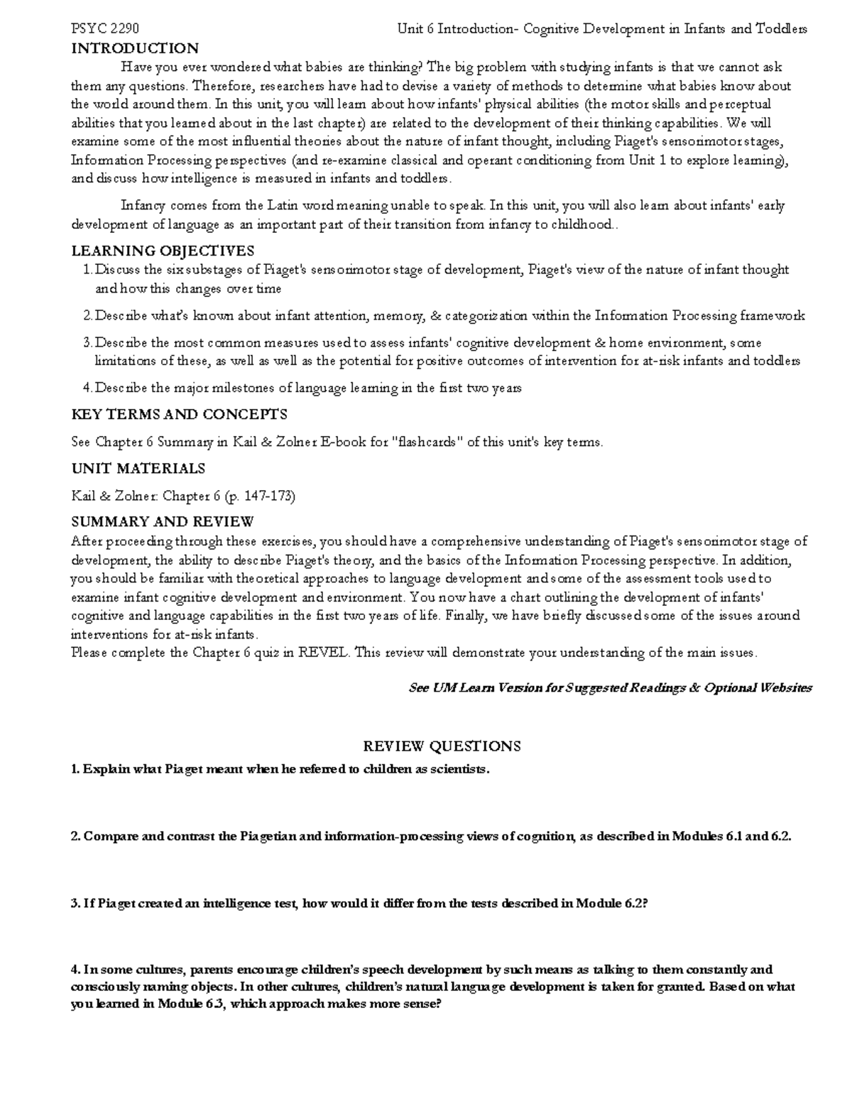 PSYC 2290 Unit 6 Introduction - PSYC 2290 Unit 6 Introduction- Cognitive Development in Infants ...